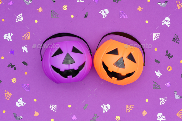 Happy Halloween concept. Jack O' Lantern Halloween pumpkin pails on ...