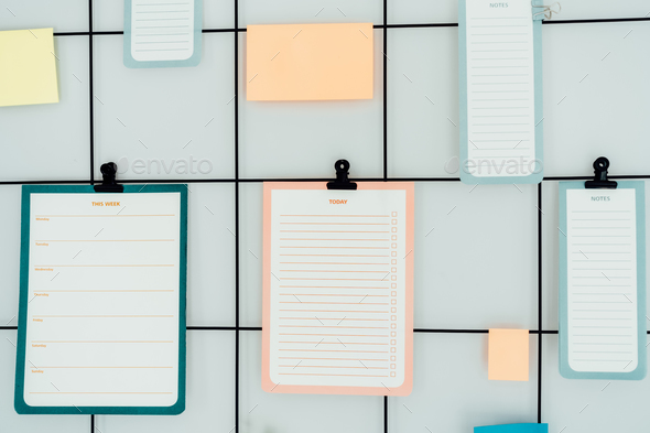 Close up grid mood inspiration board with mockup empty notes, Check ...