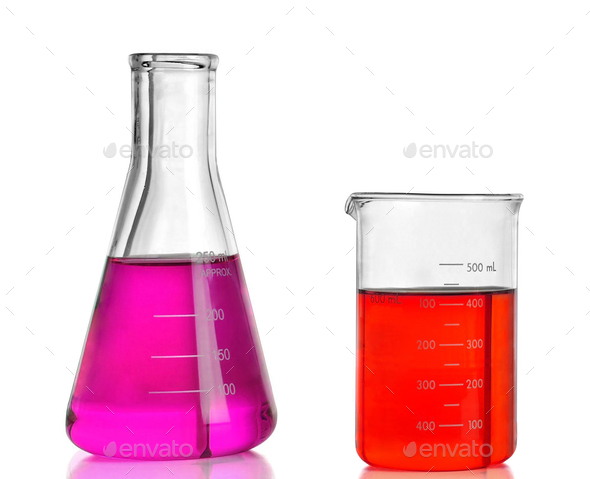 Chemical laboratory flask with pink and red liquid Stock Photo by ozaiachin
