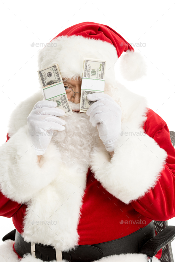 Santa Claus peeking from dollar banknotes isolated on white Stock Photo ...