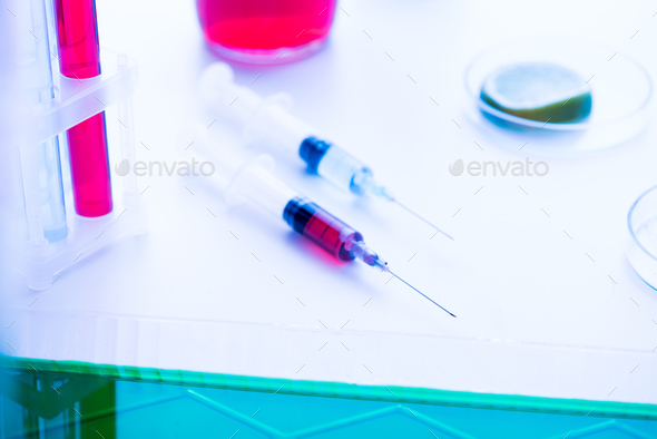 Scientific tools at workplace in modern biological laboratory Stock ...