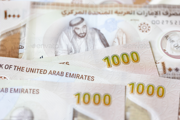 UAE dirhams, new paper money of one thousand, closeup of the banknotes ...