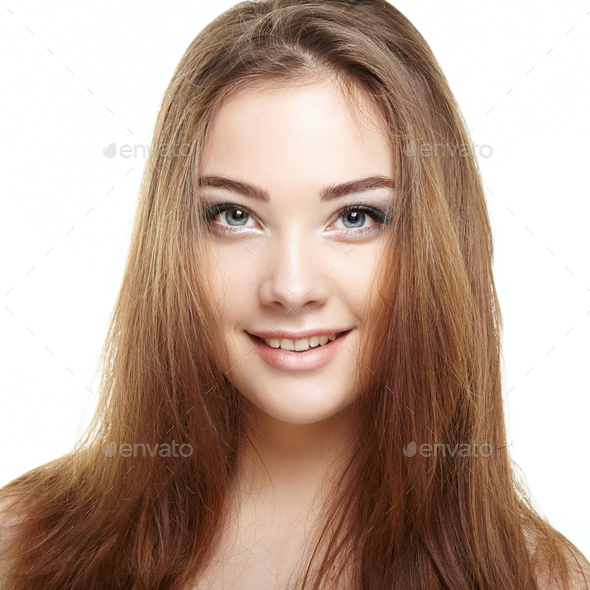 Beauty woman face. Young girl smiling. Isolated on white background ...