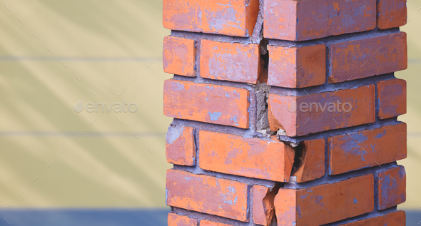 Crack line texture on the old damaged rectangle brick column outside of ...