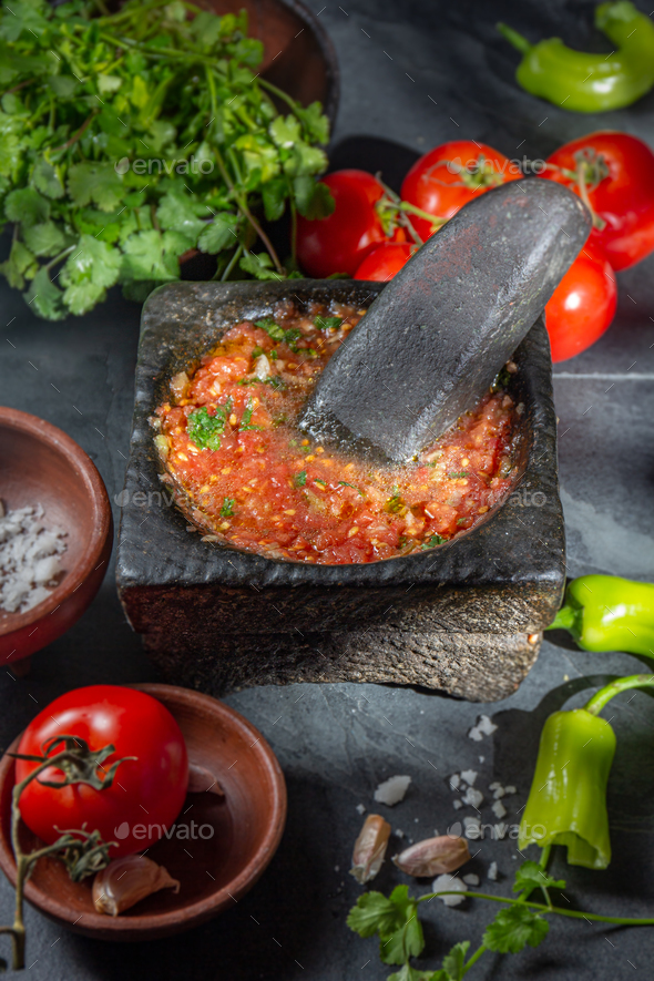 Traditional Latin American mexican Tomato sauce salsa, chilean chancho ...