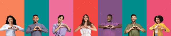 Multicultural men and women showing heart shape gesture, collage Stock ...