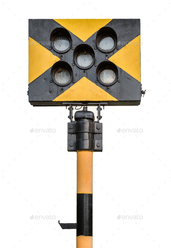 Pillar signal cross black and yellow in railway Stock Photo by Mumemories