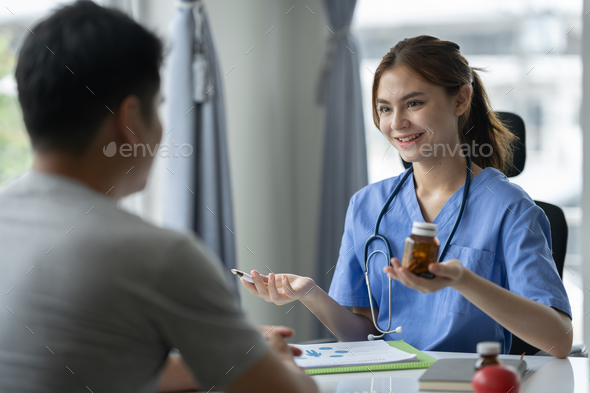 Confident female doctor with medical stethoscope introducing and ...