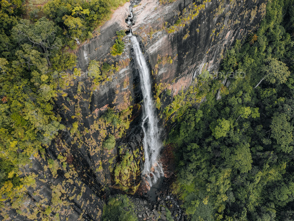 Aerial Photo of Diyaluma falls Waterfall in jungle of Ella Sri Lanka ...
