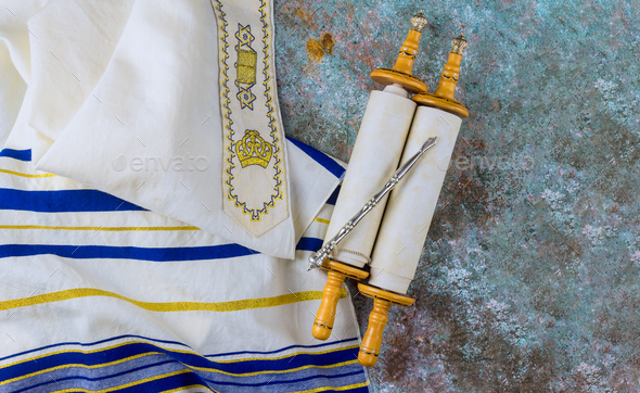 Synagogue with torah scroll integral symbols in jewish religious ...