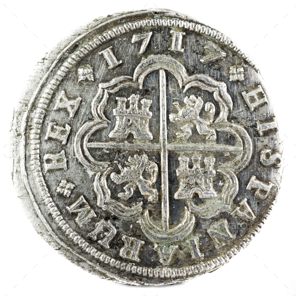 Ancient Spanish silver coin of King Felipe V isolated on a white ...