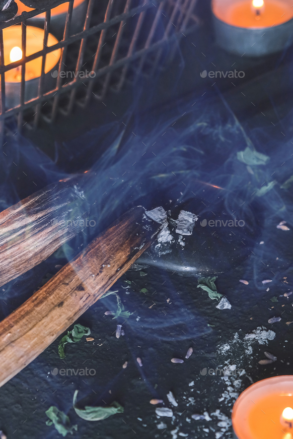 Esoteric, Occult mystical ritual scene of sorcery tarot candles, dried ...