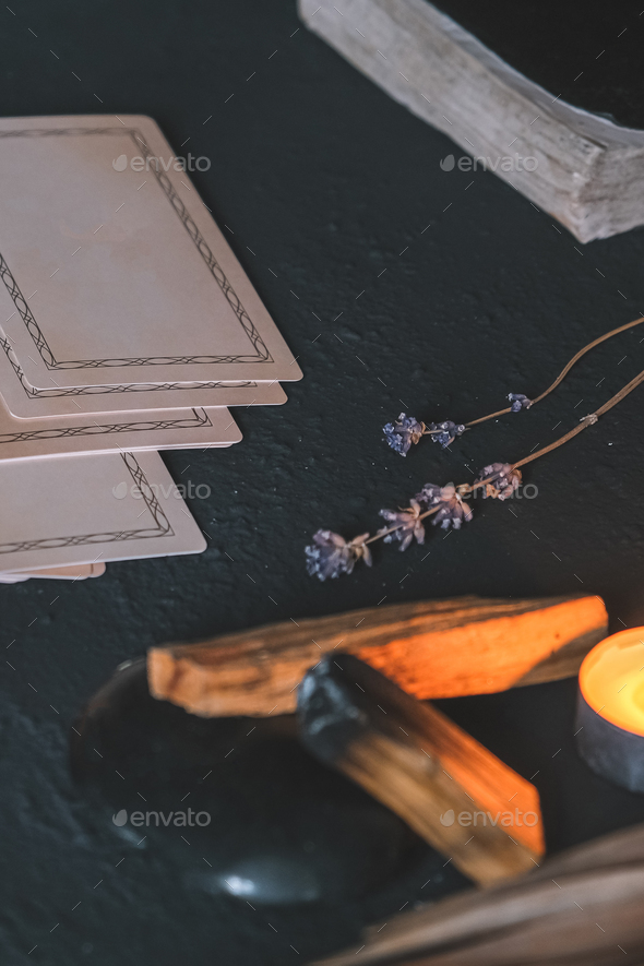 Esoteric, Occult mystical ritual scene of sorcery tarot candles, dried ...