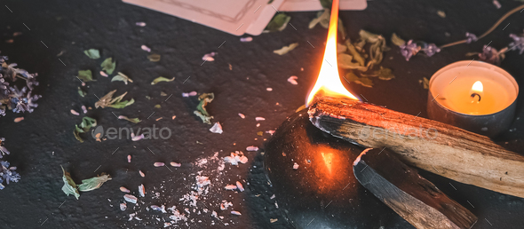 Esoteric, Occult mystical ritual scene of sorcery tarot candles, dried ...