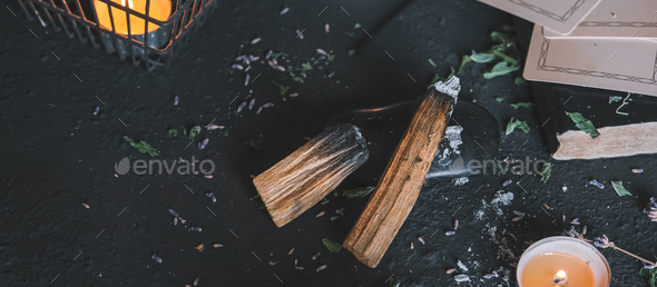 Esoteric, Occult mystical ritual scene of sorcery tarot candles, dried ...