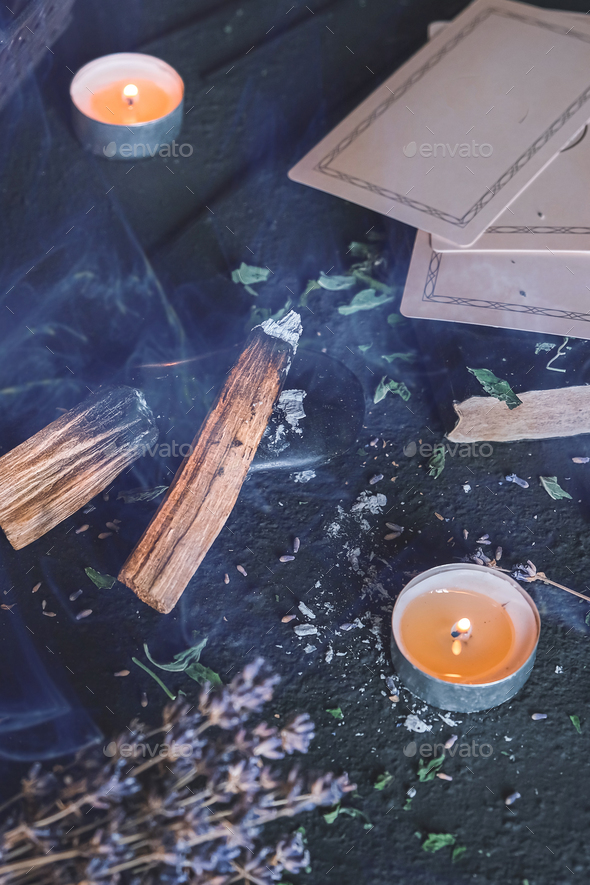 Esoteric, Occult mystical ritual scene of sorcery tarot candles, dried ...