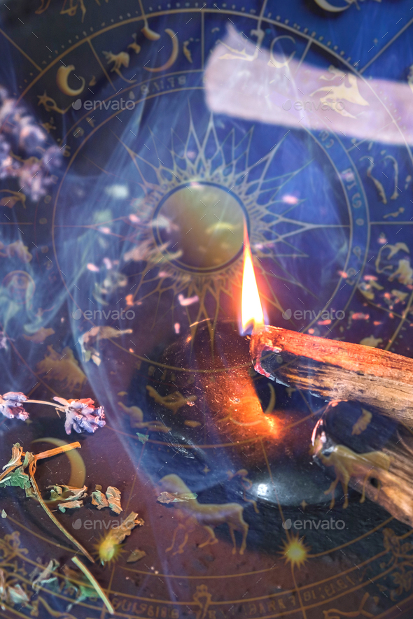 Esoteric, Occult mystical ritual scene of sorcery tarot candles, dried ...