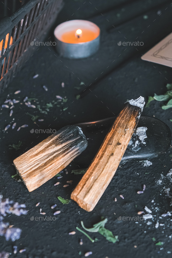 Esoteric, Occult mystical ritual scene of sorcery tarot candles, dried ...