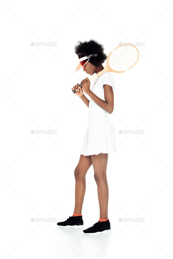 sad female tennis player with racket isolated on white Stock Photo by ...