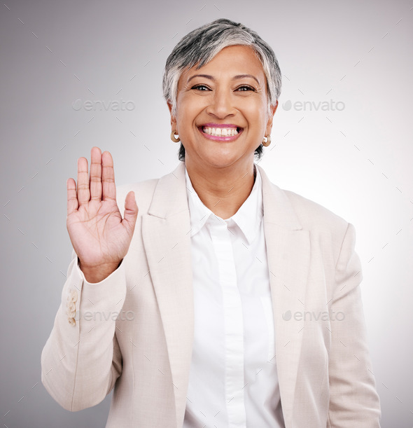 Professional, wave and portrait of a woman on a studio background for ...
