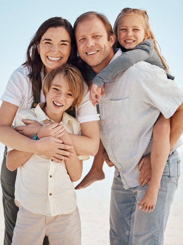 Portrait, family and smile on vacation at beach, bonding and funny ...