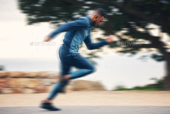 Runner man, sprint and motion blur in street, nature and profile for ...