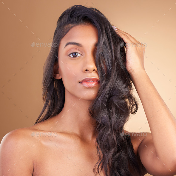 Portrait, indian woman and beauty in studio of curly hair, aesthetic ...
