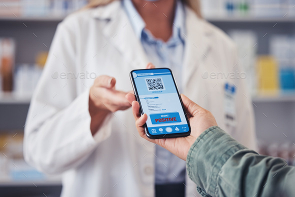 Pharmacist, customer and hands with phone, qr code or positive ...