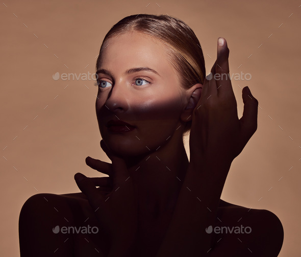 Spotlight, face or woman in shadow with beauty and creative aesthetic ...