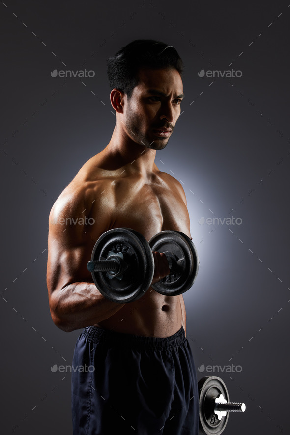 Thinking, dark and a man with weights on a black background for muscle ...
