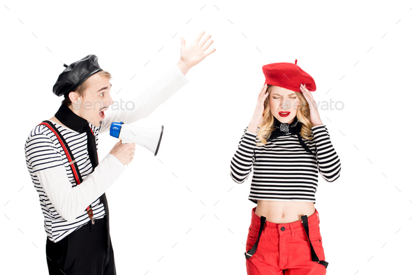 french man screaming in megaphone near woman in red beret isolated on ...