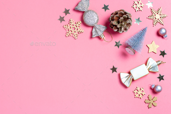 Christmas pink frame background with golden gift box with mini ...