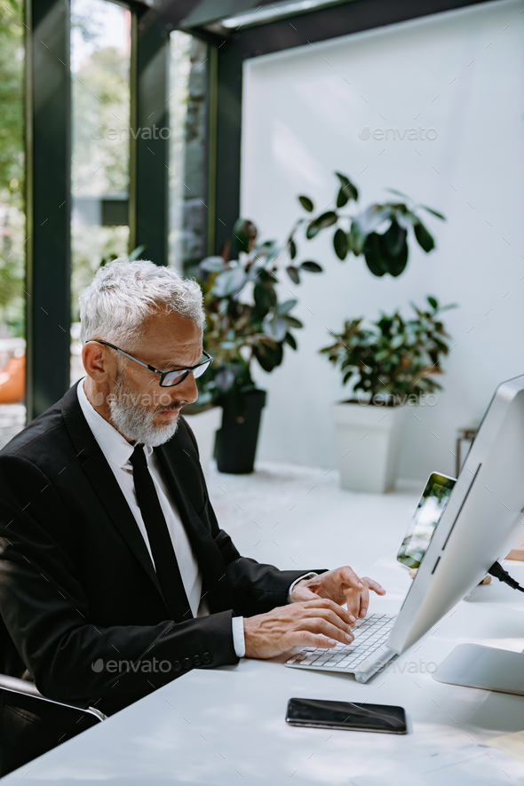 Confident mature businessman typing on keyboard while using computer in ...