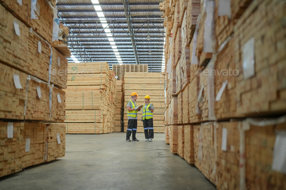 Woman with checklist in a timber and lumber warehouse. Product ...