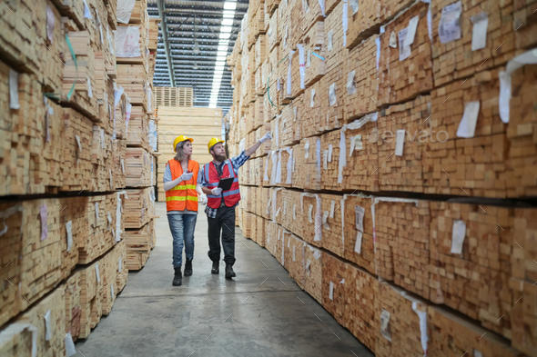 Woman with checklist in a timber and lumber warehouse. Product ...