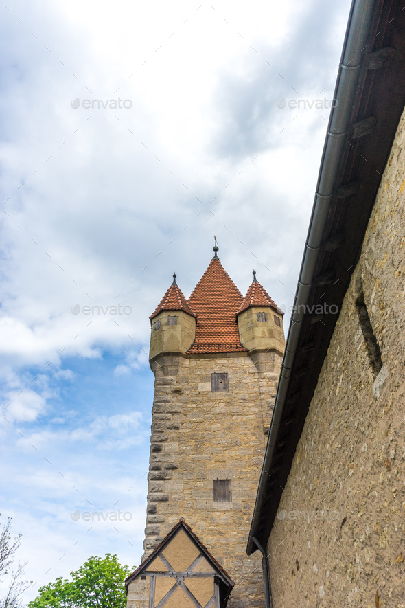 Vertical shot of a historic stone tower in Rothenburg ob der Tauber ...