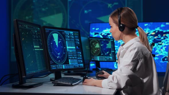 Workplace of the professional air traffic controller in the control ...