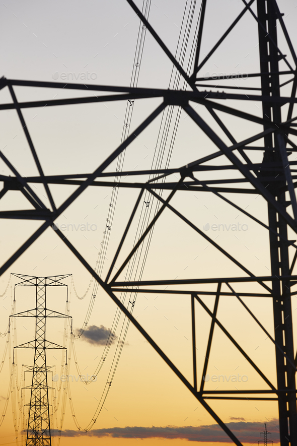 Power line tower. Energy industry. Industrial electricity distribution ...