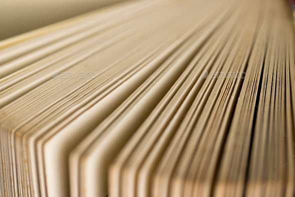 Micro of book pages and copy space on grey background Stock Photo by ...