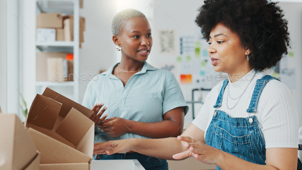 Women, digital tablet and ecommerce shipping boxes in logistics office ...