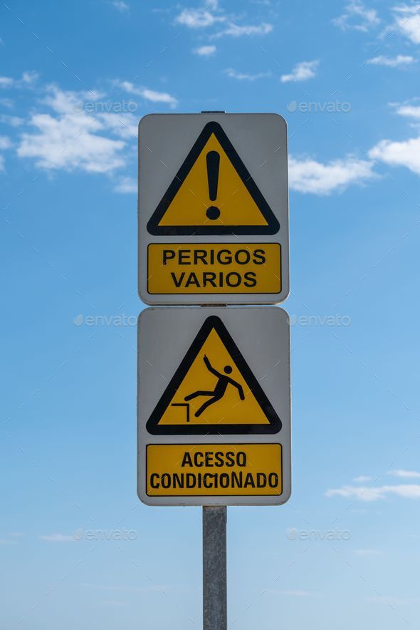 Yellow warning board, various hazards, and restricted access Stock ...