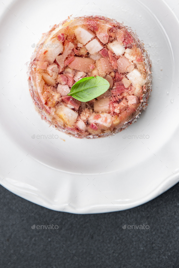 meat brawn food Sülze piece of meat in jelly pork, beef meat ready to ...