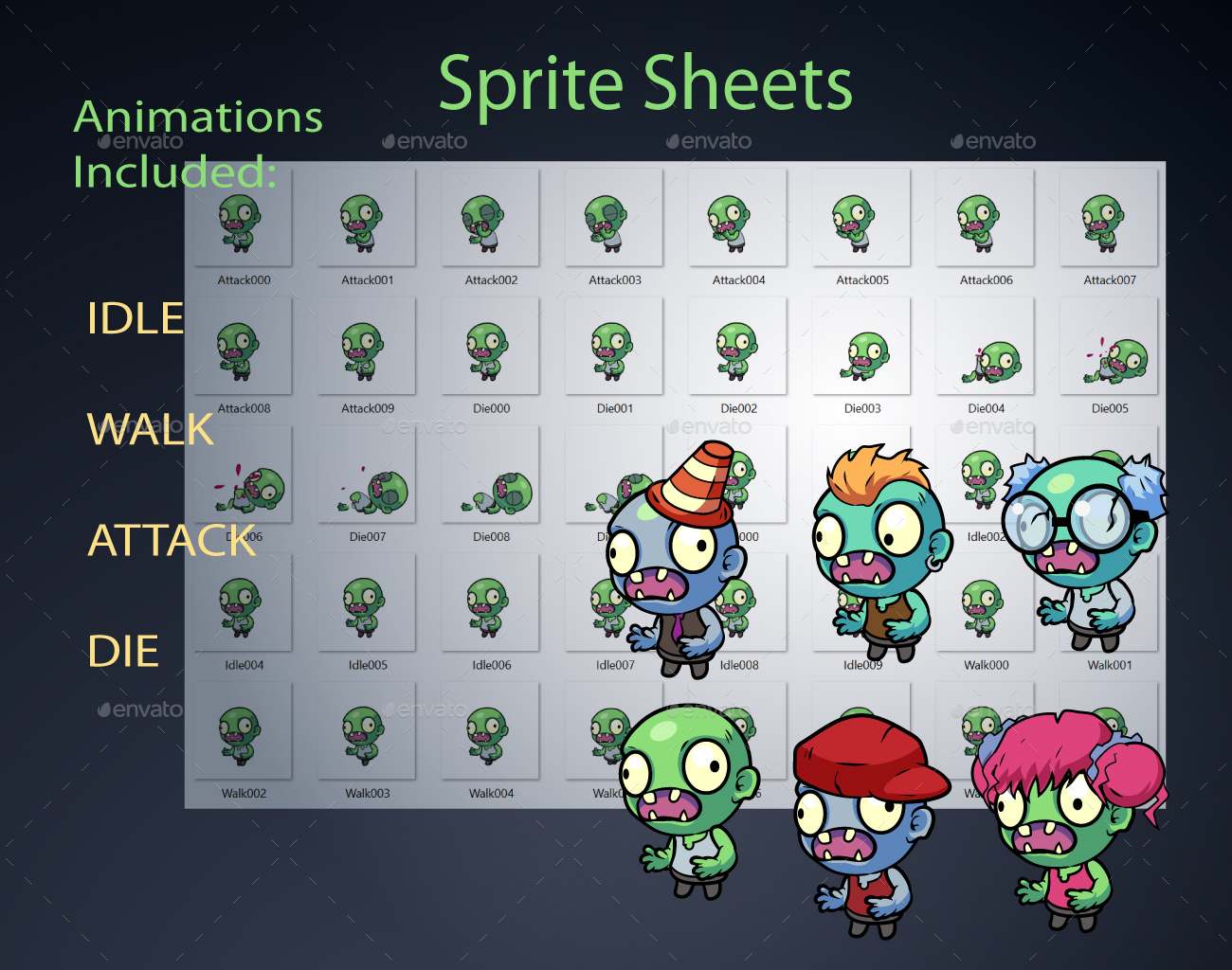 Cute Zombies Game Character Sprites Set, Game Assets | GraphicRiver