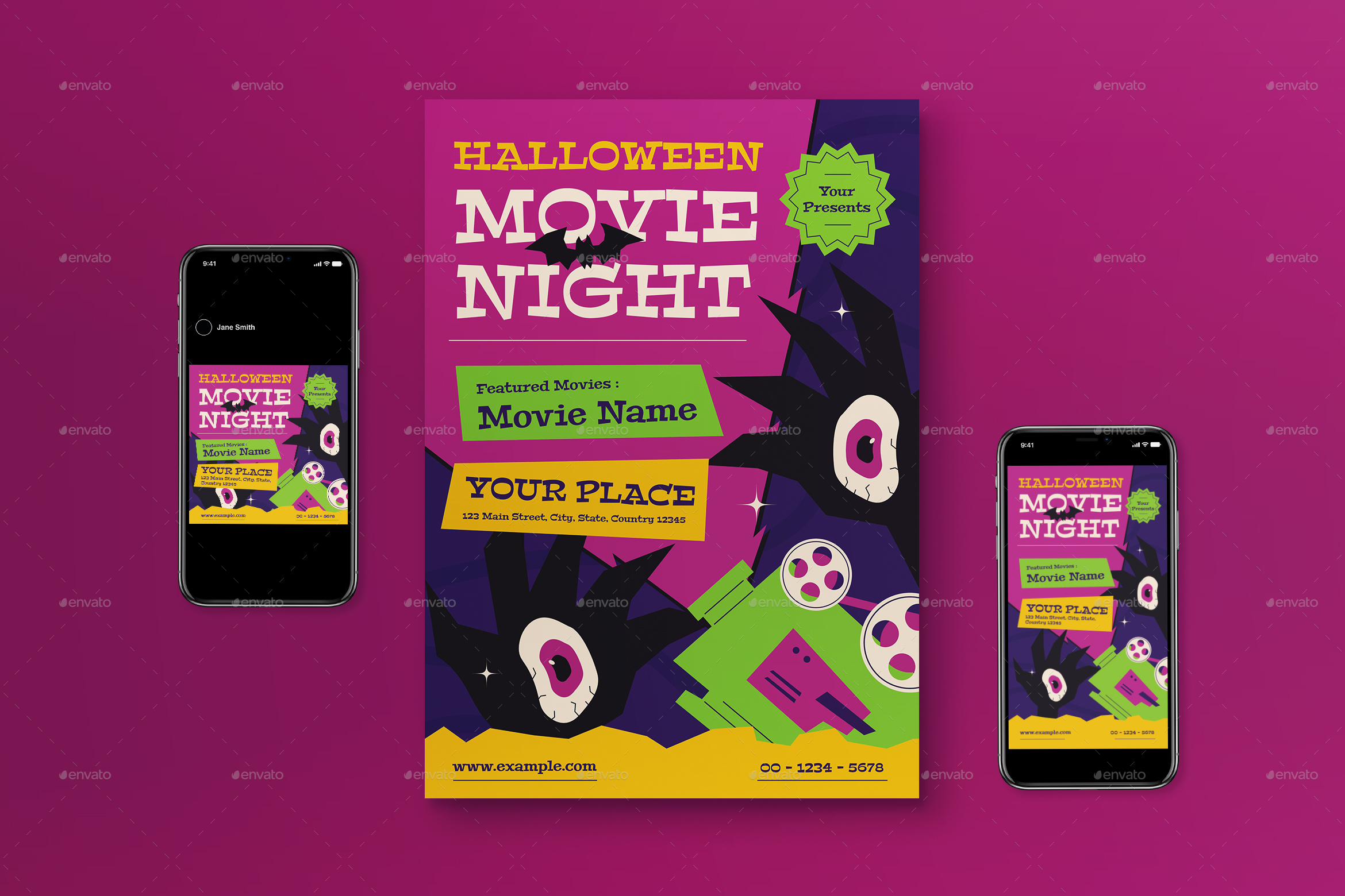 Purple Mid Century Halloween Movie Night Flyer Set, Print Templates