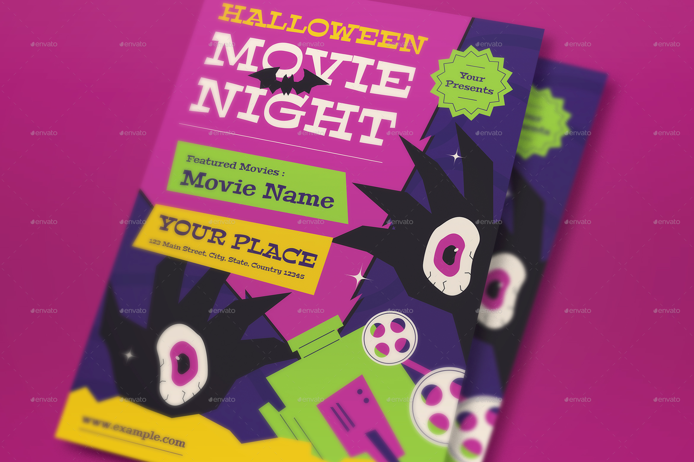 Purple Mid Century Halloween Movie Night Flyer Set, Print Templates