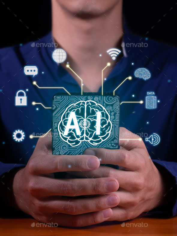 Vertical Photo of A man who uses artificial intelligence inside a cell ...
