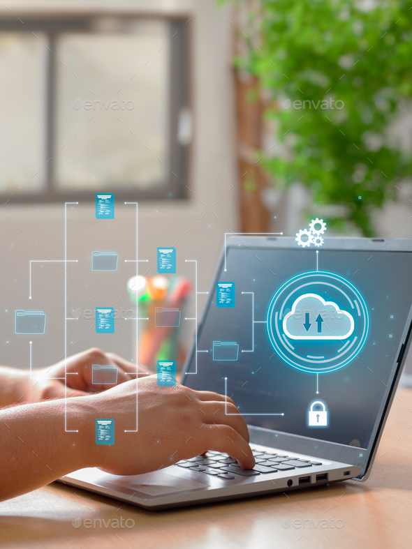 Vertical Photo of A man utilizes cloud computing technology on his ...