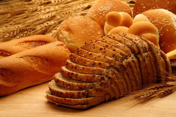 Different types of whole wheat baked foods Stock Photo by Ajijchan
