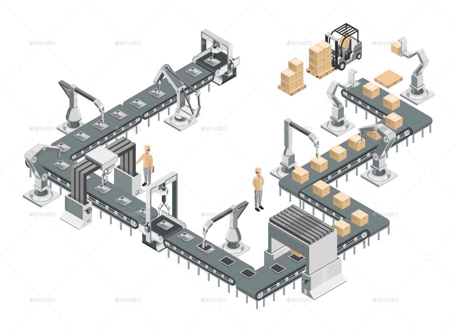 Robotic Assembly Line in an Automated Factory. Conveyor System and ...