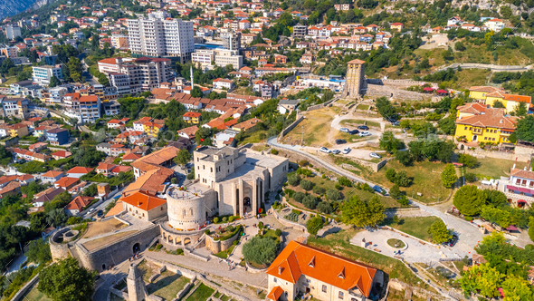 The beautiful Kruje Castle and its fortress seen from an aerial drone ...